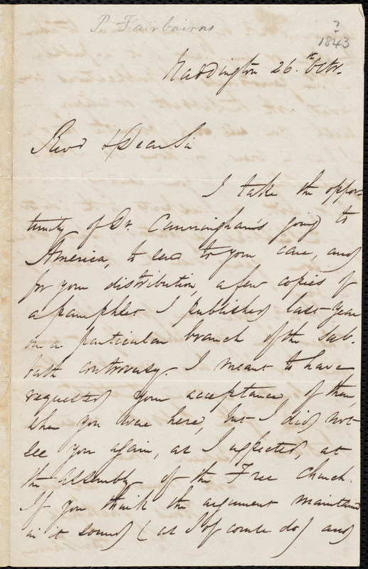 Letter from Patrick Fairbairn, Paddington, to Amos Augustus Phelps, 26 Octr. [1843?] - Digital ...