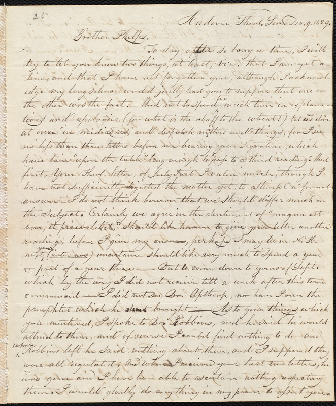 Letter from Lucien Farnam, Andover, to Amos Augustus Phelps, Dec.9.1829 - Digital Commonwealth