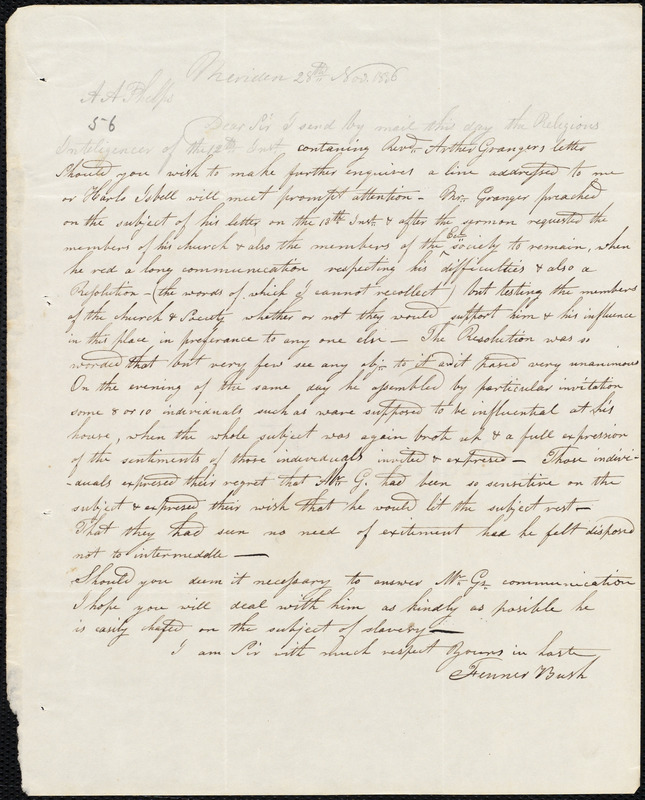 Letter from Fenner Bush, Meriden, to Amos Augustus Phelps, 28th Nov. 1836 - Digital Commonwealth
