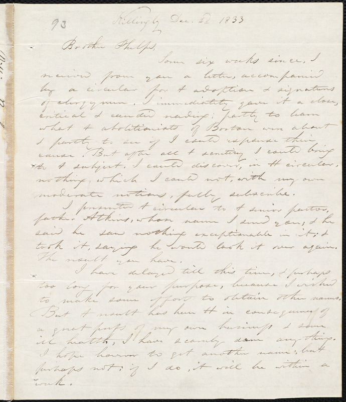 Letter from William Bushnell, Killingly, to Amos Augustus Phelps, Dec. 2d 1833 - Digital ...