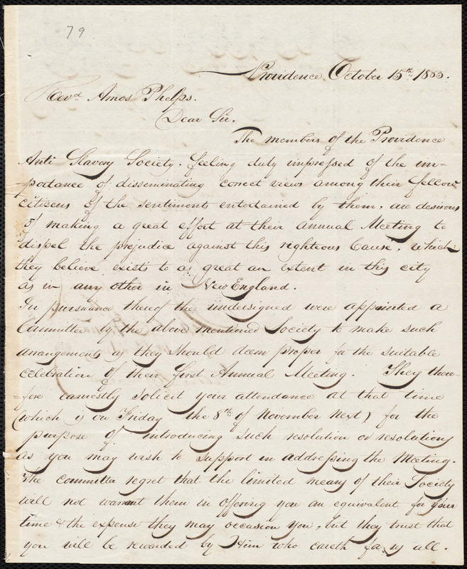 Letter from Providence Anti-Slavery Society, Providence, to Amos ...