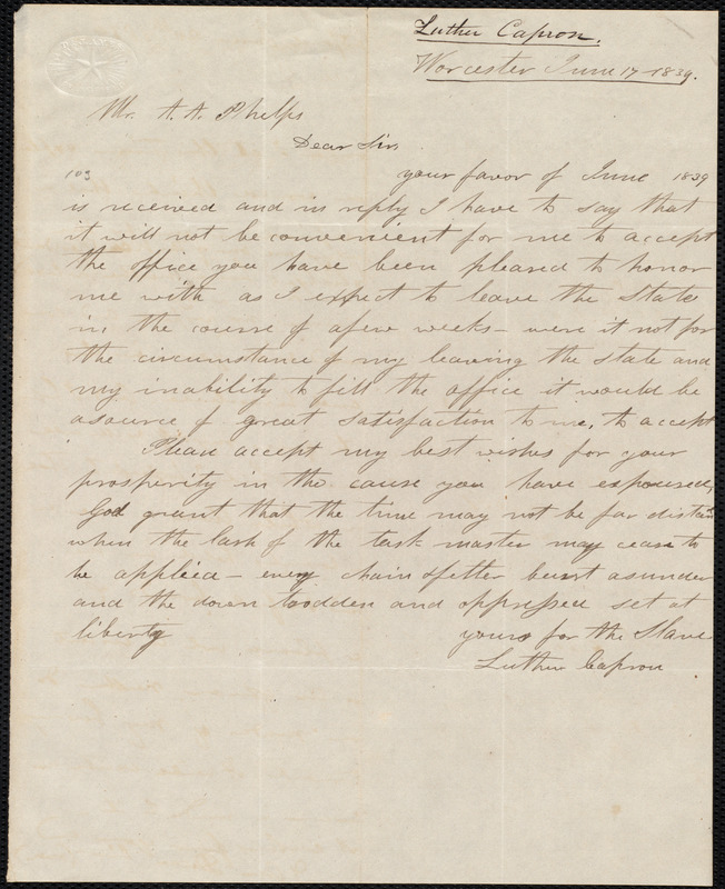 Letter from Luther Capron, Worcester, to Amos Augustus Phelps, June 17 ...