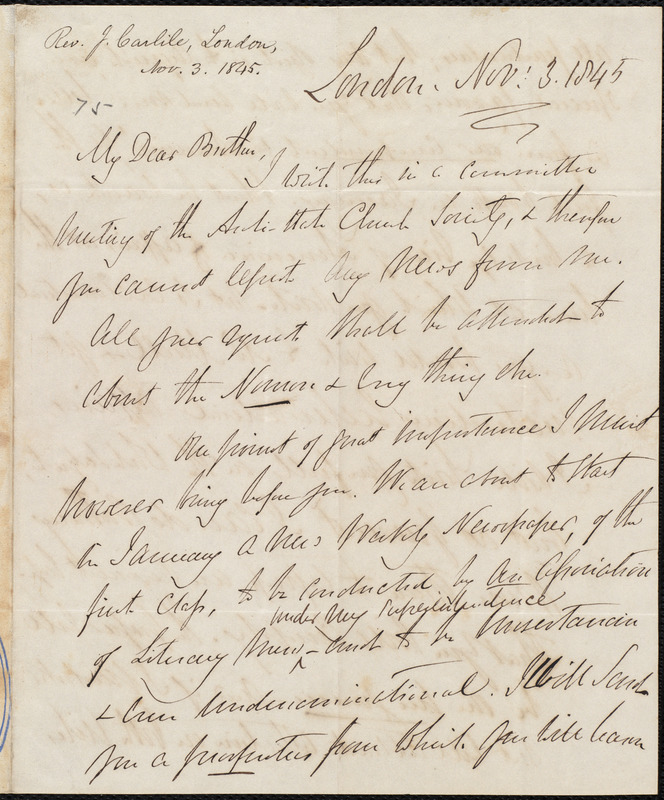 Letter from James Carlile, London, to Amos Augustus Phelps, Nov. 3 ...
