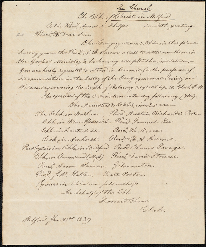 Letter from Leonard Chase, Milford, to Amos Augustus Phelps, Jan 21st ...