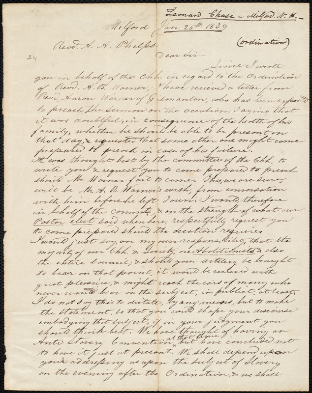 Letter from Leonard Chase, Milford, to Amos Augustus Phelps, Jan 25th 1839 - Digital Commonwealth