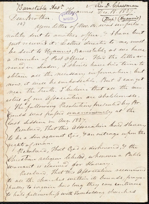 Letter from Daniel Chessman, Hyannis, to Amos Augustus Phelps, Dec. 18. 1837 - Digital Commonwealth