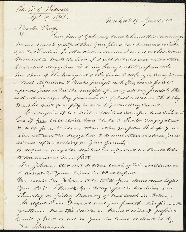 Letter from Walter Hilliard Bidwell, New York, to Amos Augustus Phelps, 19 April 1843 - Digital ...
