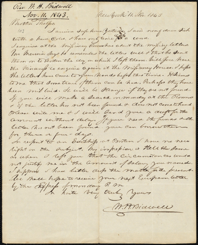 Letter from Walter Hilliard Bidwell, New York, to Amos Augustus Phelps, 11. Nov.1843 - Digital ...