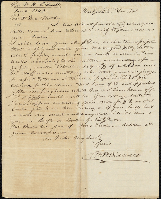 Letter from Walter Hilliard Bidwell, New York, to Amos Augustus Phelps, 2nd Dec. 1843 - Digital ...