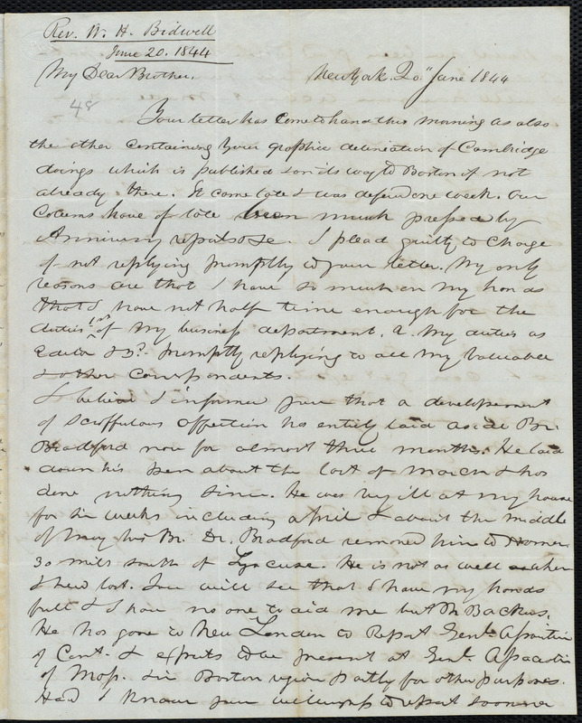 Letter from Walter Hilliard Bidwell, New York, to Amos Augustus Phelps, 20 June 1844 - Digital ...