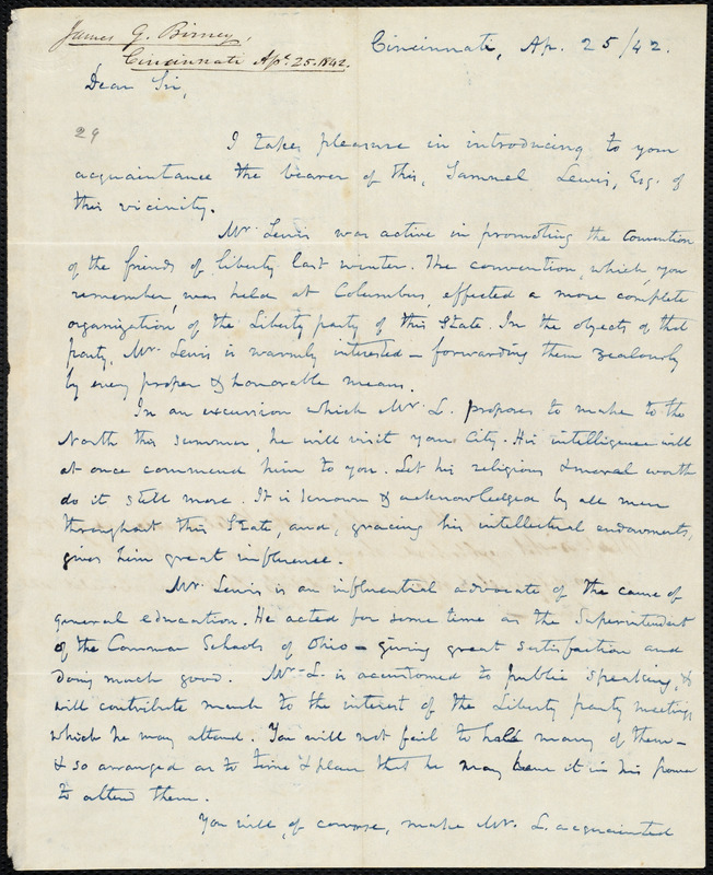 Letter from James Gillespie Birney, Cinicnnati, to Amos Augustus Phelps and Joshua Leavitt, Ap ...