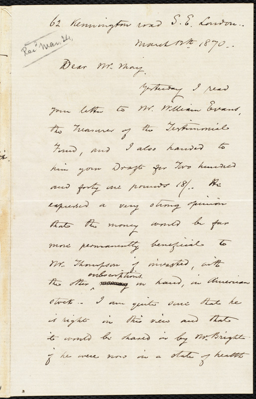 Letter from Frederick William Chesson, London, [England], to Samuel May ...