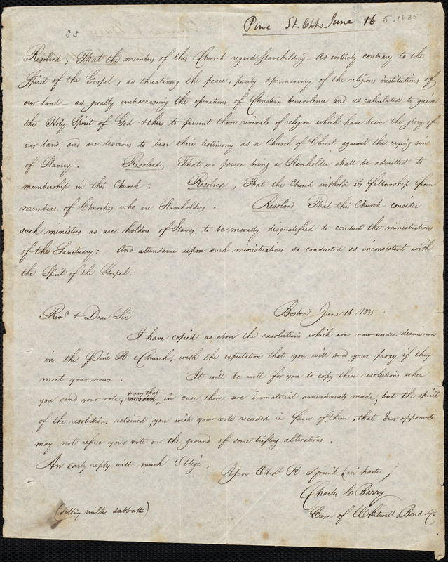 Letter from Charles C. Barry, Boston, to Amos Augustus Phelps, June 16 1835 - Digital Commonwealth