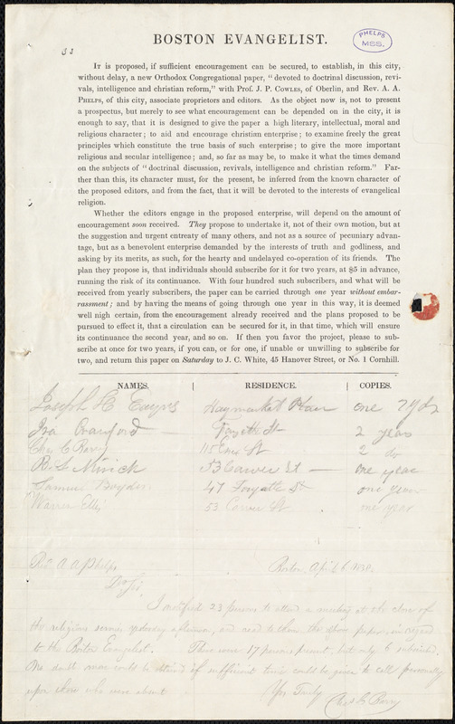 Letter from Charles C. Barr, Boston, to Amos Augustus Phelps, April 6 ...