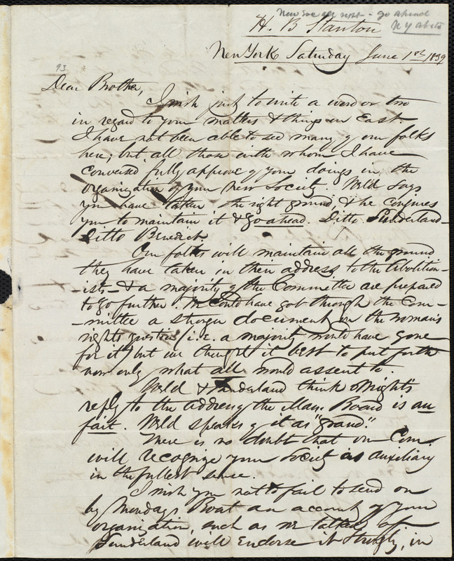 Letter from Henry Brewster Stanton, New York, [N.Y.], to Amos Augustus Phelps, June 1st 1839 ...
