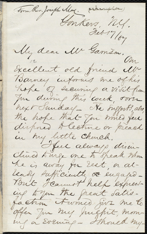 Letter from Joseph May, Yonker, N.Y., to William Lloyd Garrison, Feb ...