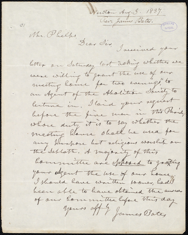 Letter from James Bates, Newton, to Amos Augustus Phelps, Aug. 3. 1837 ...