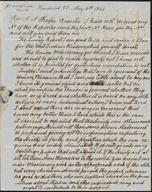 Letter from Kiah Bayley, Hardwick, Vt., to Amos Augustus Phelps, May 6th 1846 - Digital Commonwealth
