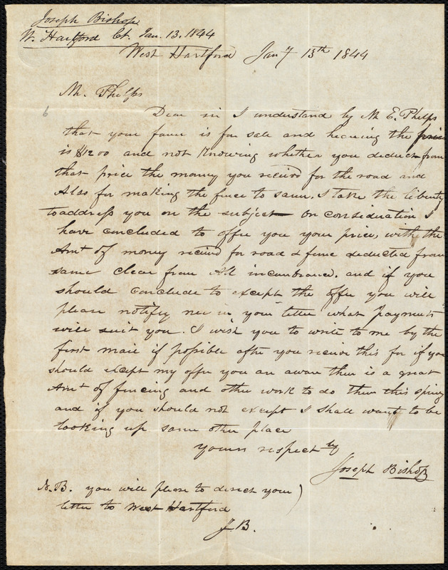Letter from Joseph Bishop, West Hartford, to Amos Augustus Phelps, Jan[uar]y 13th 1844 - Digital ...
