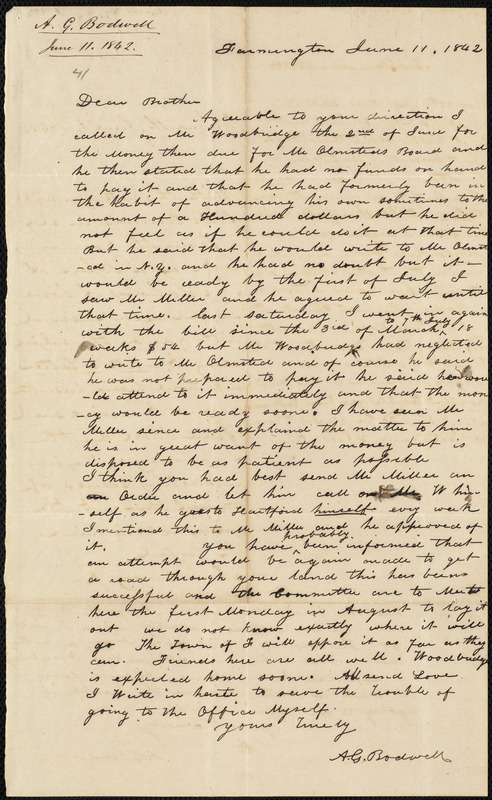 Letter from Anson G. Bodwell, Farmington, to Amos Augustus Phelps, June 11. 1842 - Digital ...