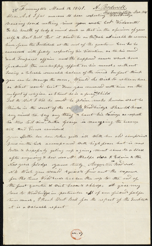 Letter from Anson G. Bodwell, Farmington, to Amos Augustus Phelps, March 12 1841 - Digital ...