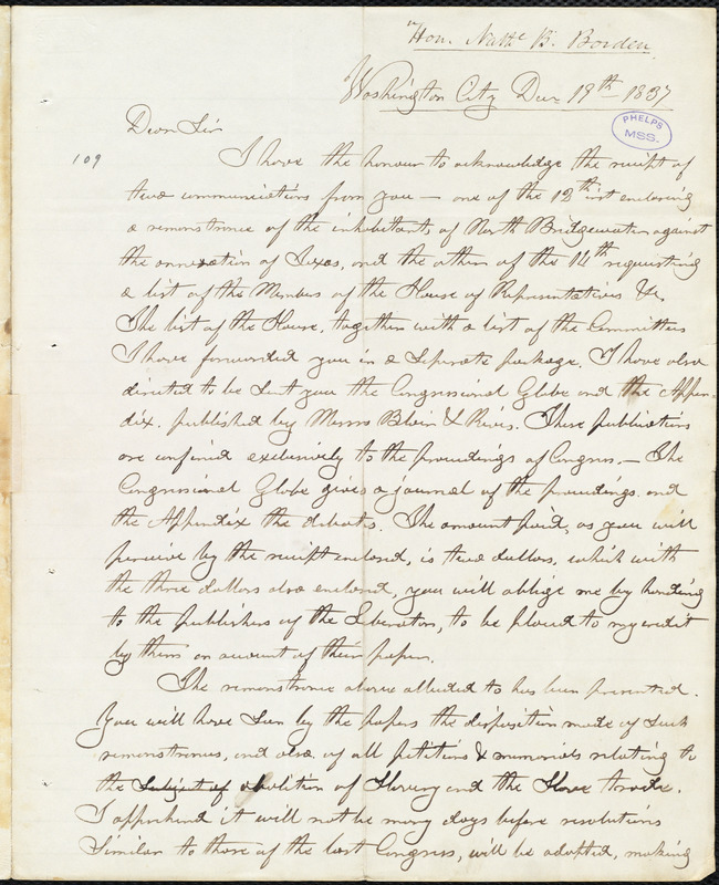 Letter from Nathaniel B. Borden, Washington City, to Amos Augustus ...