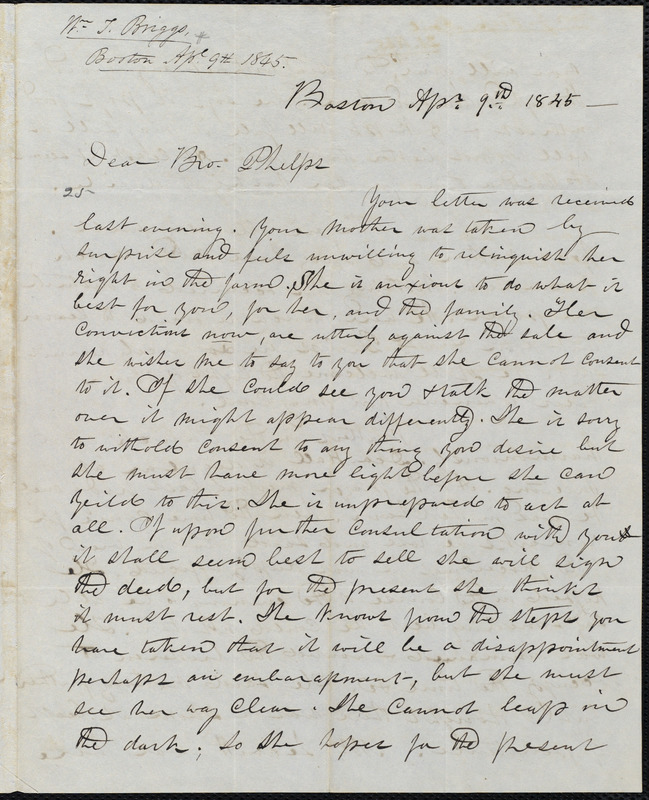 Letter from William Thomas Briggs, Boston, to Amos Augustus Phelps, Apr. 9th 1845 - Digital ...