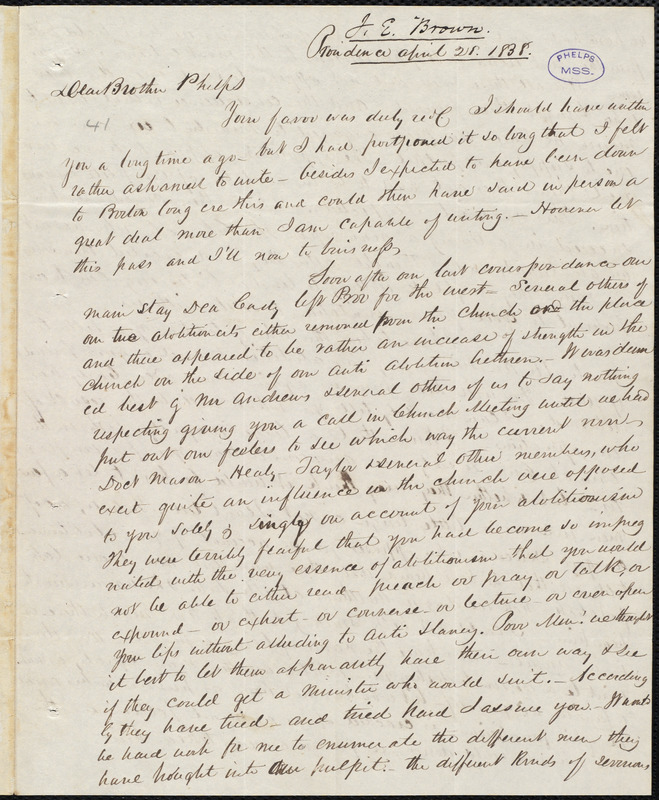 Letter from John Edwin Brown, Providence, to Amos Augustus Phelps, April 21. 1838 - Digital ...