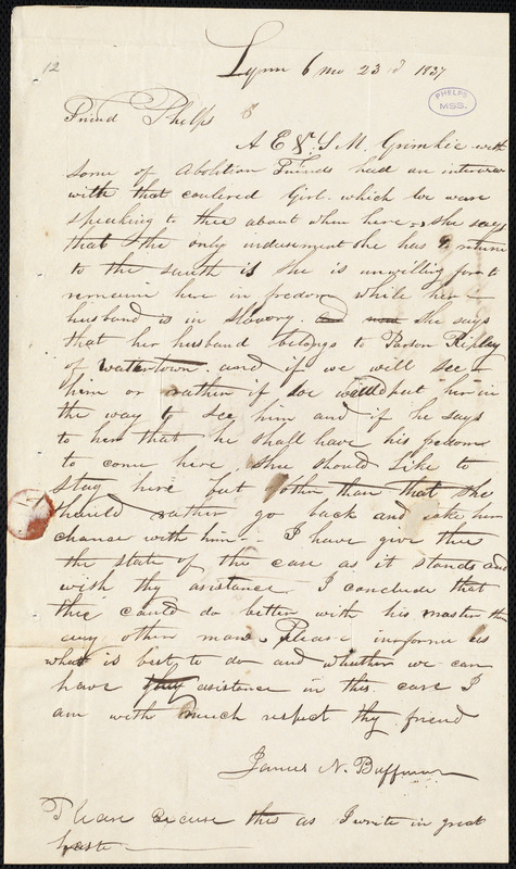 Letter from James N. Buffum, Lynn, to Amos Augustus Phelps, 6 mo 23rd ...