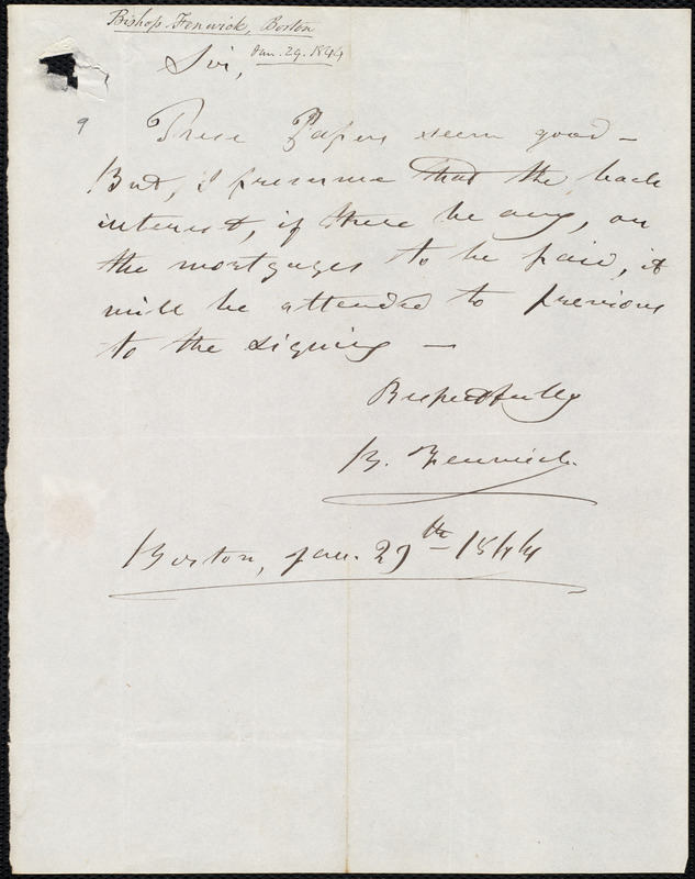 Letter from Benedict Joseph Fenwick, Boston, to Amos Augustus Phelps ...