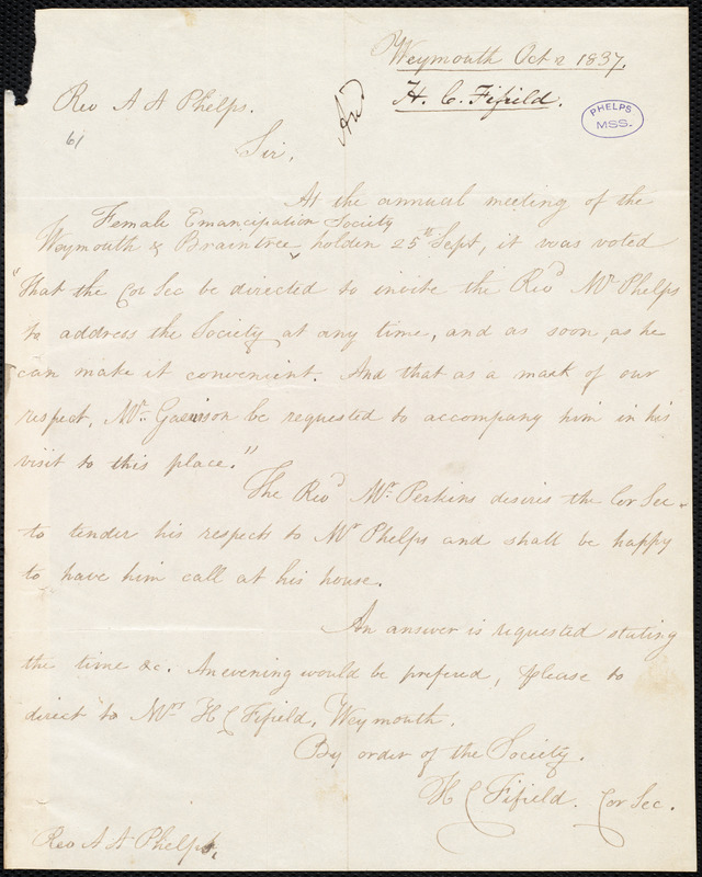 Letter from Hannah Cranch Fifield, Weymouth, to Amos Augustus Phelps, Octr 1837 - Digital ...