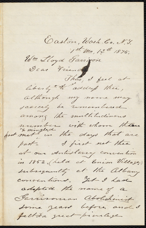 Letter from Joseph W. Peckham, Easton, N.Y., to William Lloyd Garrison ...