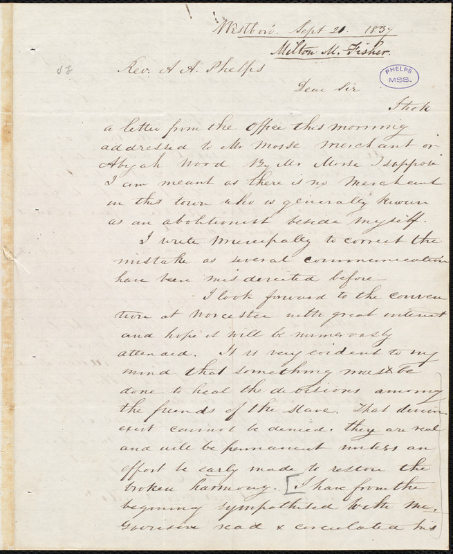Letter from Milton Metcalf Fisher, Westboro, to Amos Augustus Phelps, Sept 21 1837 - Digital ...