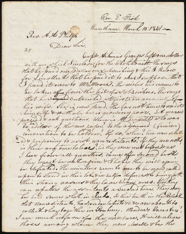 Letter from Elisha Fisk, Wrentham, to Amos Augustus Phelps, March 10 1841 - Digital Commonwealth