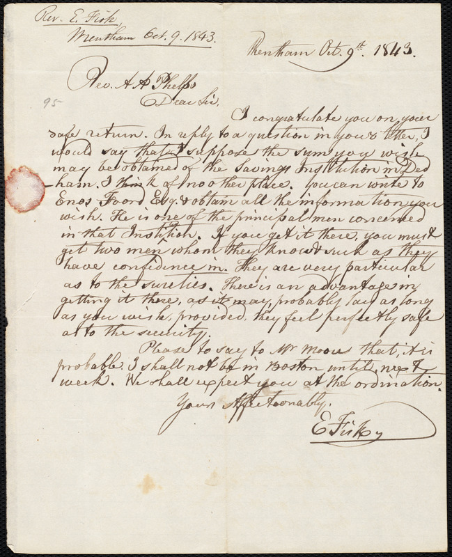 Letter from Elisha Fisk, Wrentham, to Amos Augustus Phelps, Oct. 9th 1843 - Digital Commonwealth