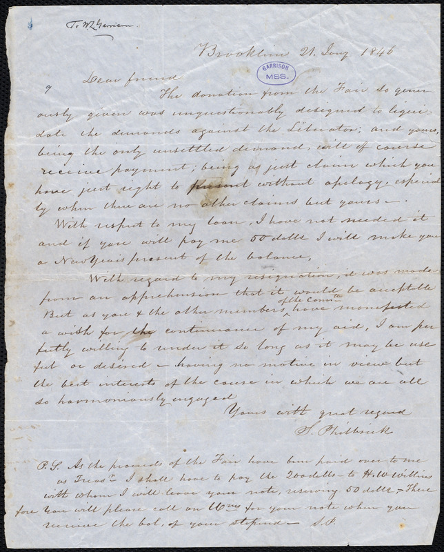 Letter from Samuel Philbrick, Brookline, [Mass.], to William Lloyd ...