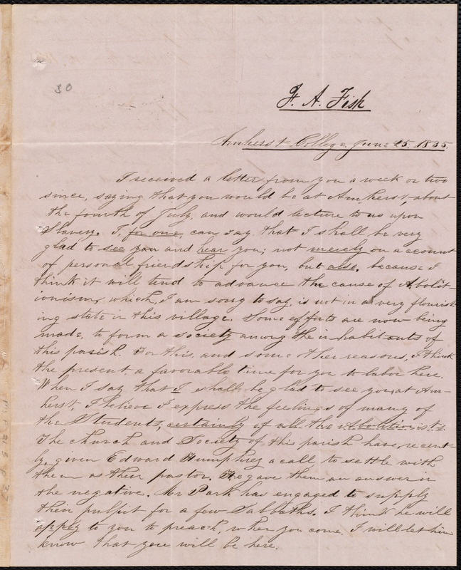 Letter from Frederick Augustus Fiske, Amherst, to Amos Augustus Phelps, June 25 1835 - Digital ...