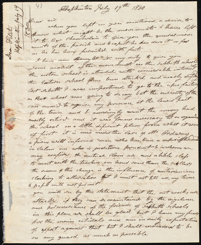 Letter from Elijah Fitch, Hopkinton, to Amos Augustus Phelps, July 19th ...