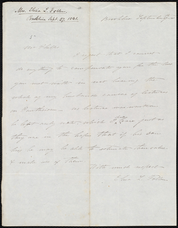 Letter from Eliza Lee Cabot Follen, Brookline, to Amos Augustus Phelps, September 27th 41 ...