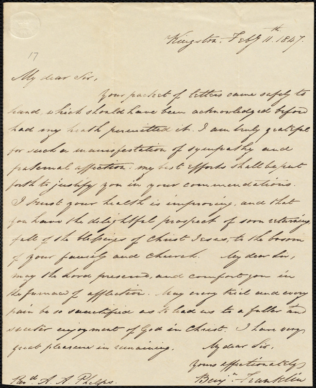 Letter from Benjamin Franklin, Kingston, to Amos Augustus Phelps, Febr 11th. 1847 - Digital ...