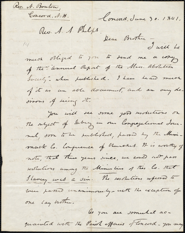 Letter from Nathaniel Bouton, Concord, to Amos Augustus Phelps, June 30 ...