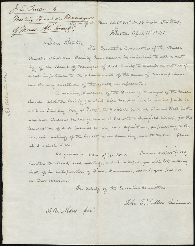 Letter from Massachusetts Abolition Society, Boston, to Amos Augustus Phelps, April 15. 1841 ...