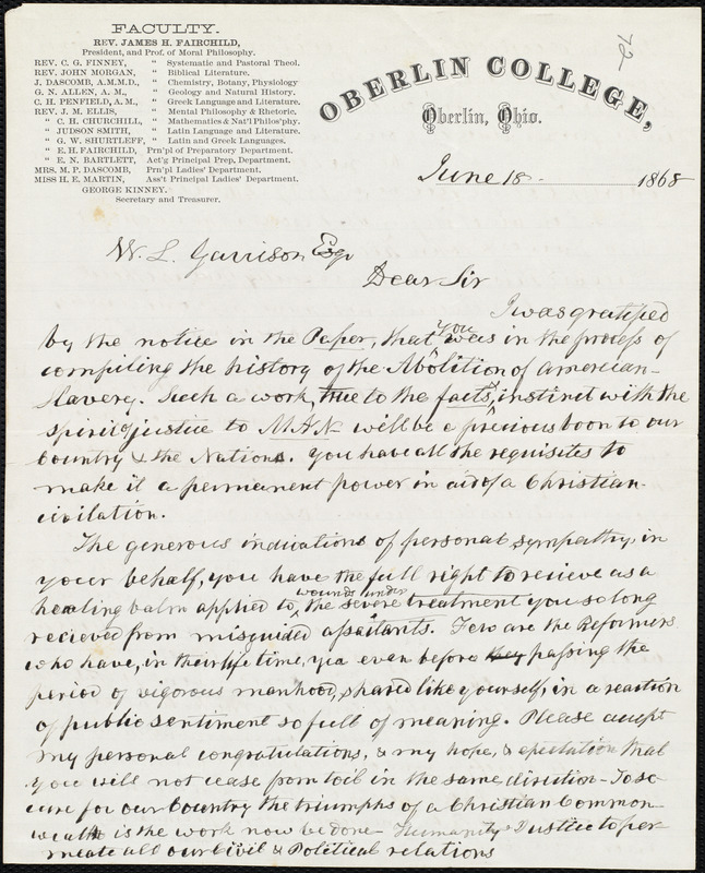 Letter from John Keep, Oberlin, Ohio, to William Lloyd Garrison, June ...