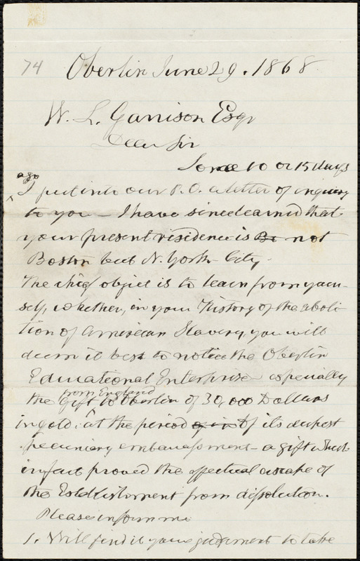 Letter from John Keep, Oberlin, Ohio, to William Lloyd Garrison, June ...