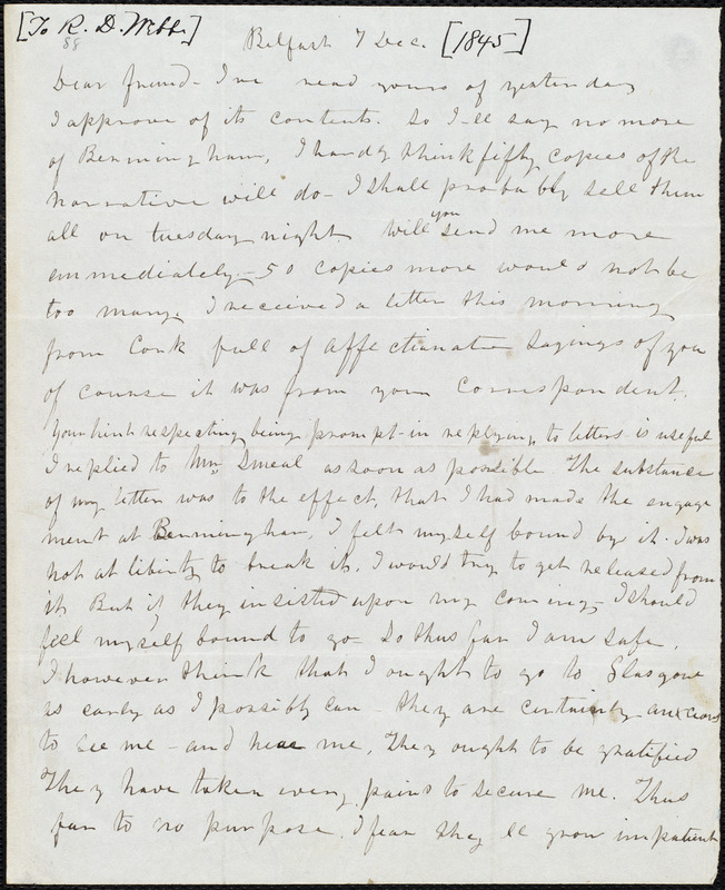 Letter from Frederick Douglass, Belfast [Ireland], to Richard Davis ...