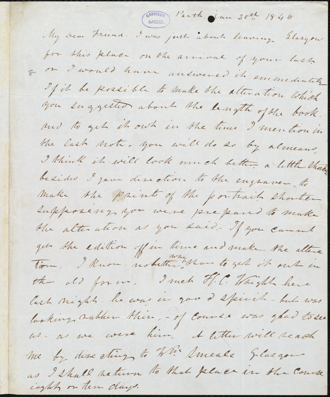 Letter from Frederick Douglass, Perth [Scotland], to Richard Davis Webb ...