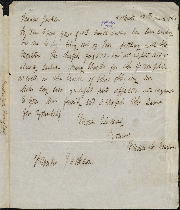 Letter from Frederick Douglass, Rochester [N.Y.], to Francis Jackson ...