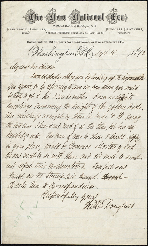Letter from Frederick Douglass, Washington D.C., Sept. 16, 1872 ...