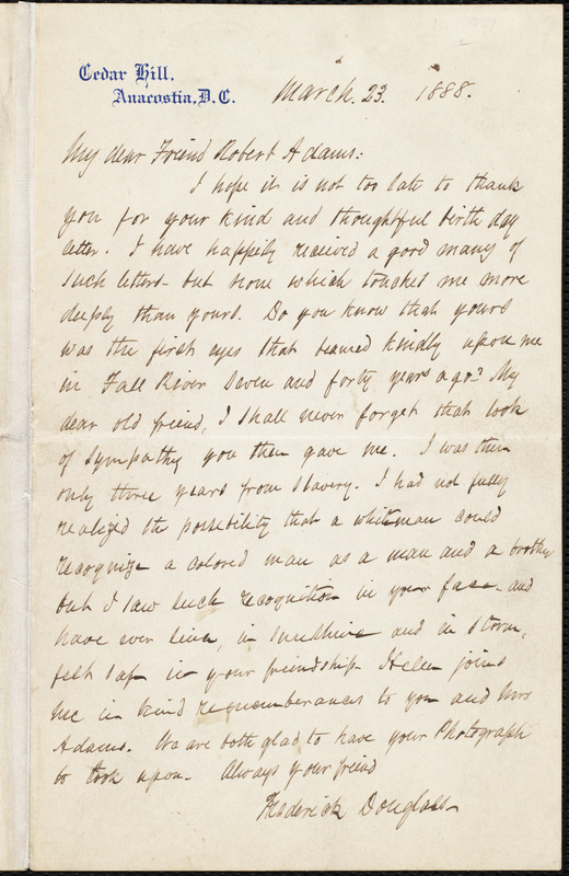 Letter from Frederick Douglass, Cedar Hill, Anacostia, D.C., to Robert ...