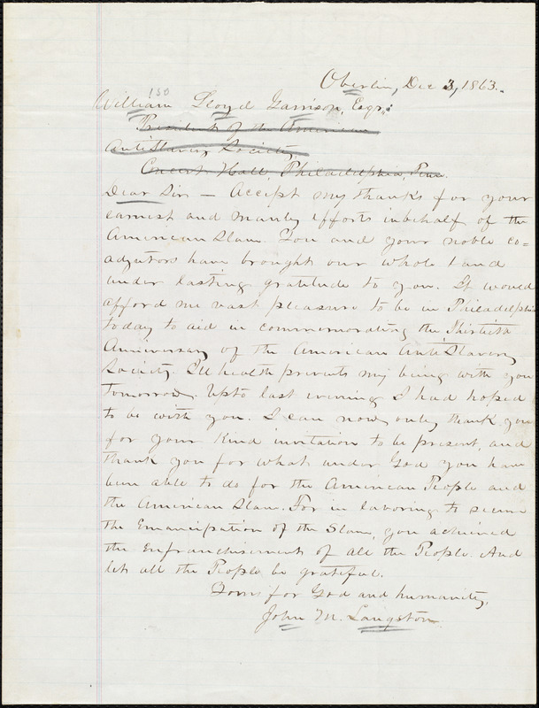 Letter from John Mercer Langston, Oberlin, [Ohio], to William Lloyd ...